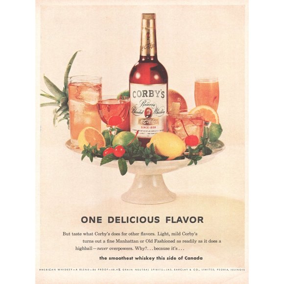 Corby's | Art | 961 Corbys Whiskey Vintage Print Ad Cocktails Pedestal ...